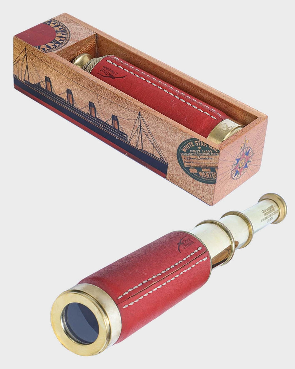 4-Draw Brass Spyglass - Hand-Stitched Leather – Deutsche Optik